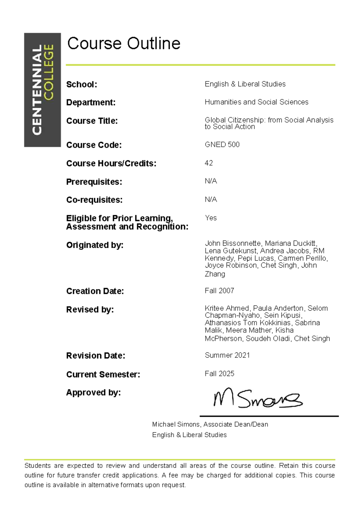 GNED 500 - Global Citizenship Course Outline: Social Analysis to Action ...