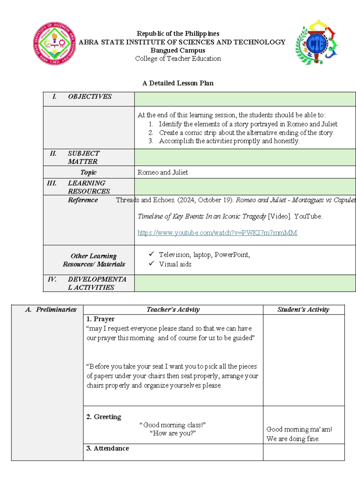 Romeo and Juliet Detailed Lesson Plan (DLP) #1 - Teaching Internship ...