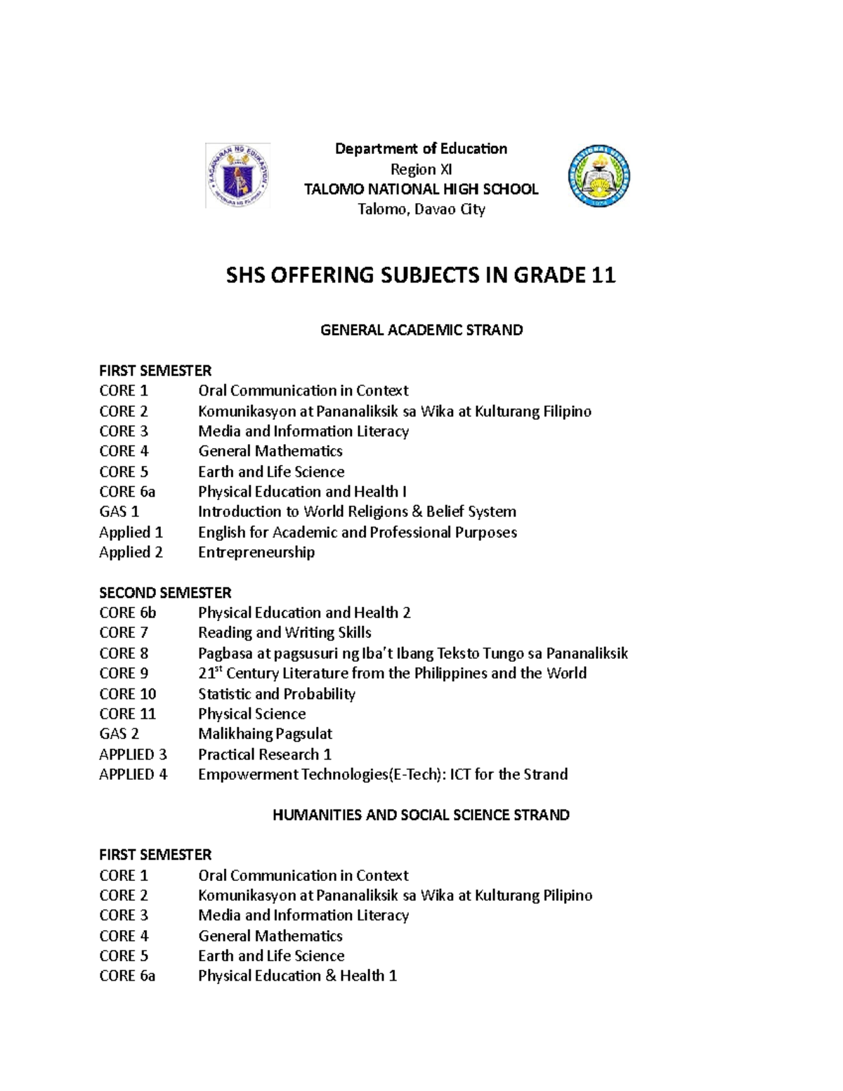 SHS Program Subject Offerings for G11 & G12 - Detailed Overview - Studocu