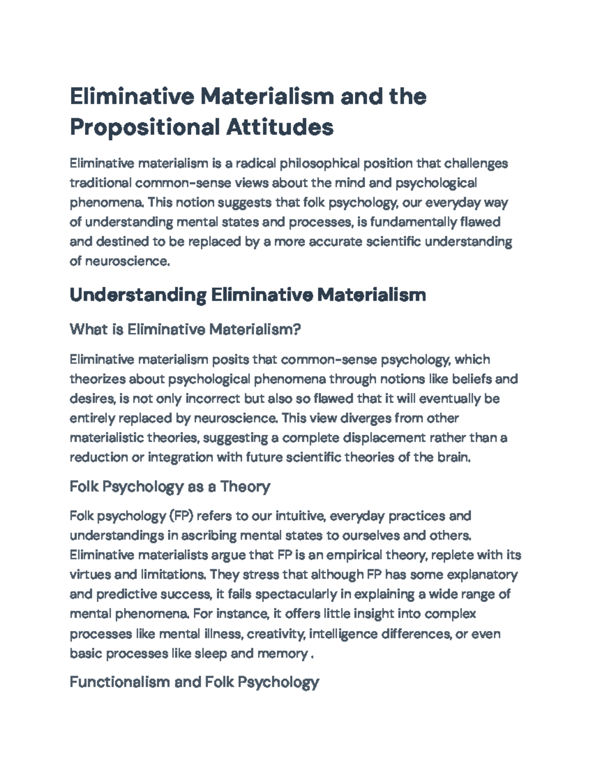 Eliminative Materialism: A Challenge to Folk Psychology and Mind ...