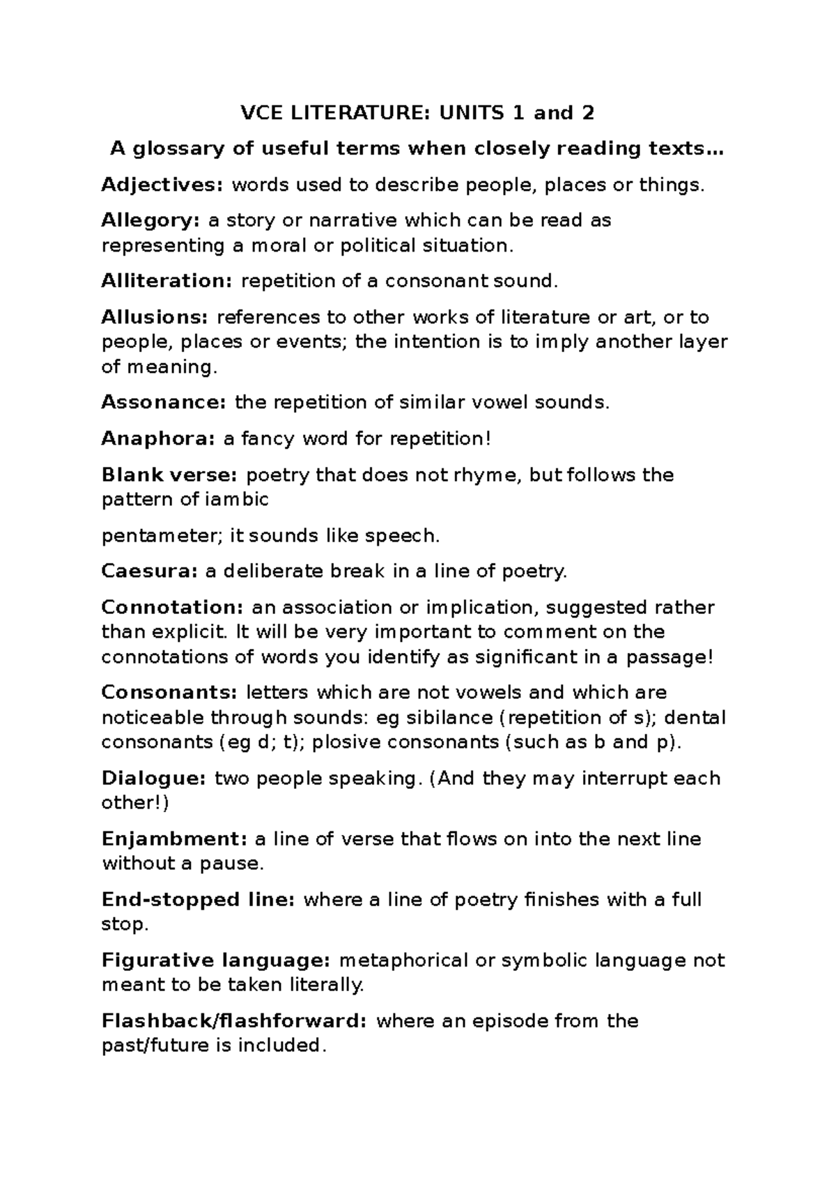 VCE LITERATURE: UNITS 1 and 2 Glossary for Close Reading Techniques ...