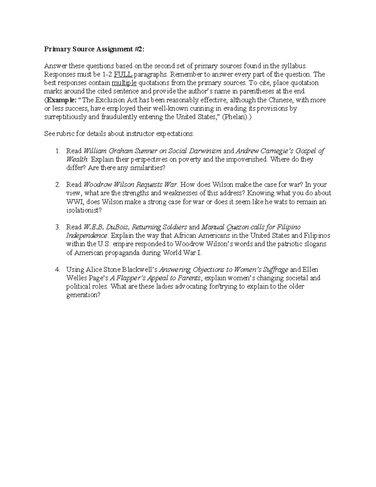 Primary Source Assignment #2 - Responses must be 1-2 FULL paragraphs ...