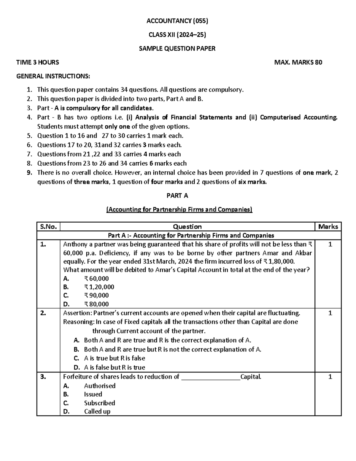 ACCOUNTANCY (055) CLASS XII SAMPLE QUESTION PAPER - 3 HOURS, 80 MARKS ...