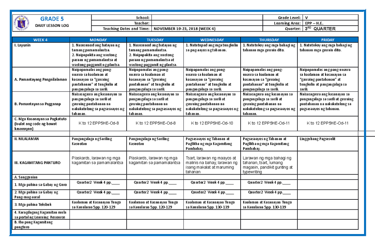 DLL G5 Q3 WEEK 4 ALL Subjects (Mam Inkay Peralta) - GRADE 5 DAILY LESSON LOG School: Grade Level ...