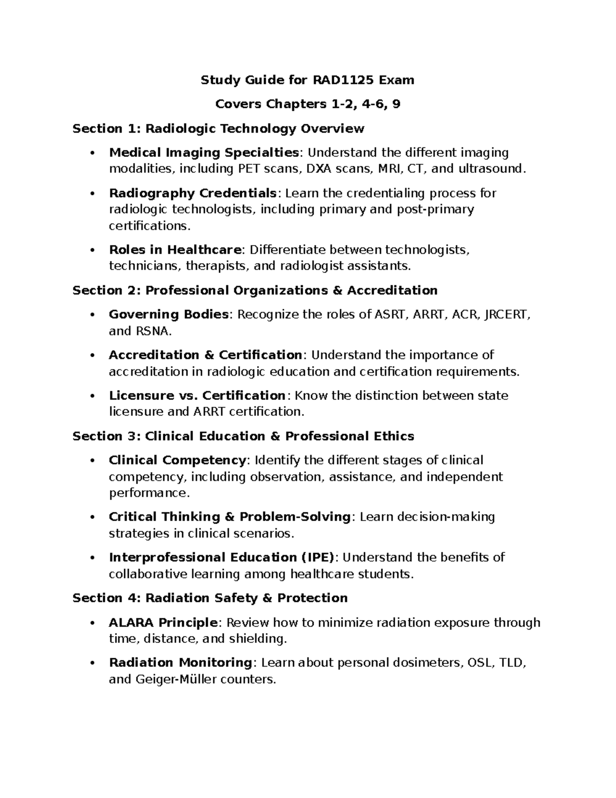 Study Guide for RAD1125 Final Exam: Radiologic Technology Overview ...