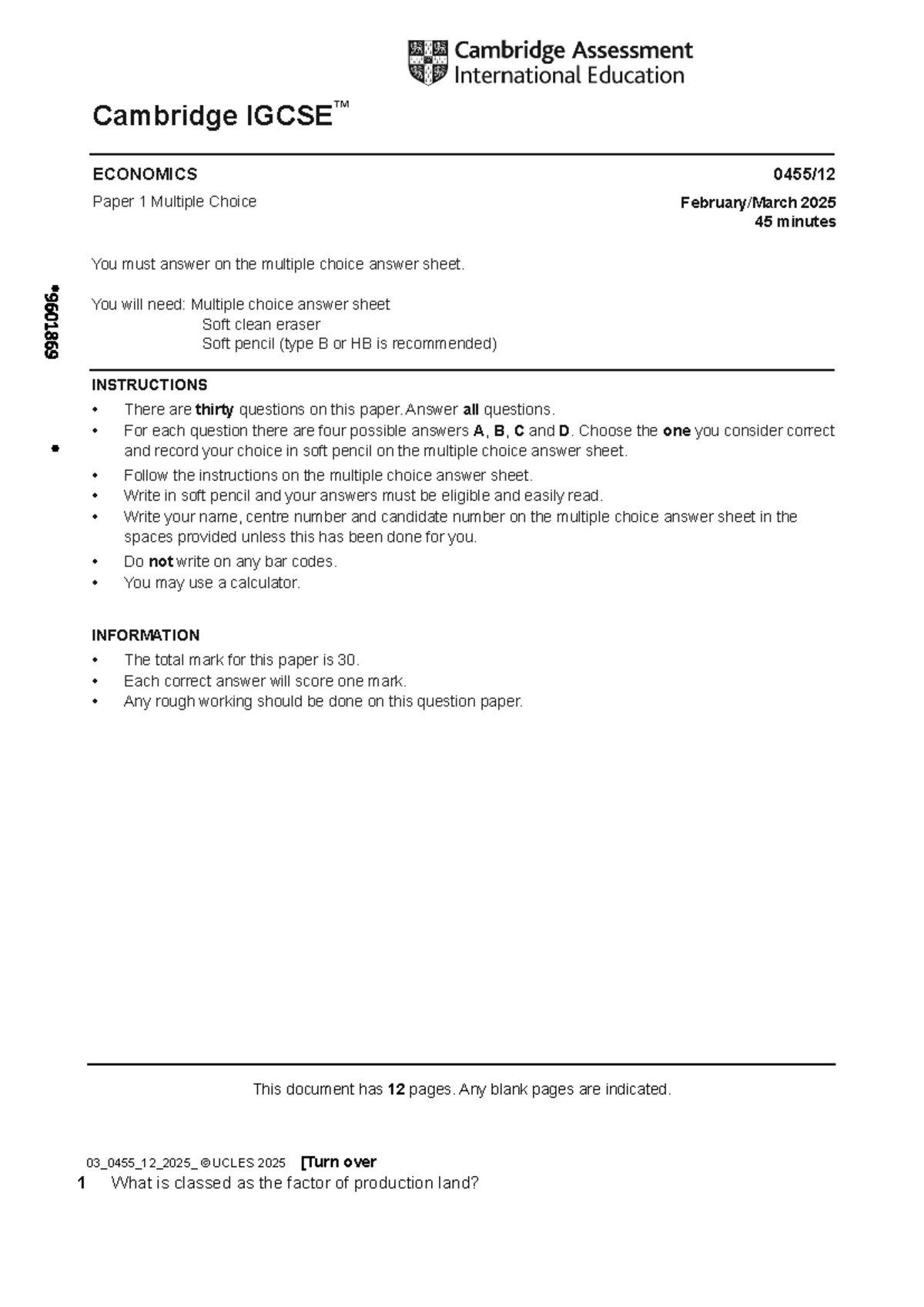 Cambridge ECONOMICS 0455 Paper 1 MCQ 2025 - 30 Questions - Studocu
