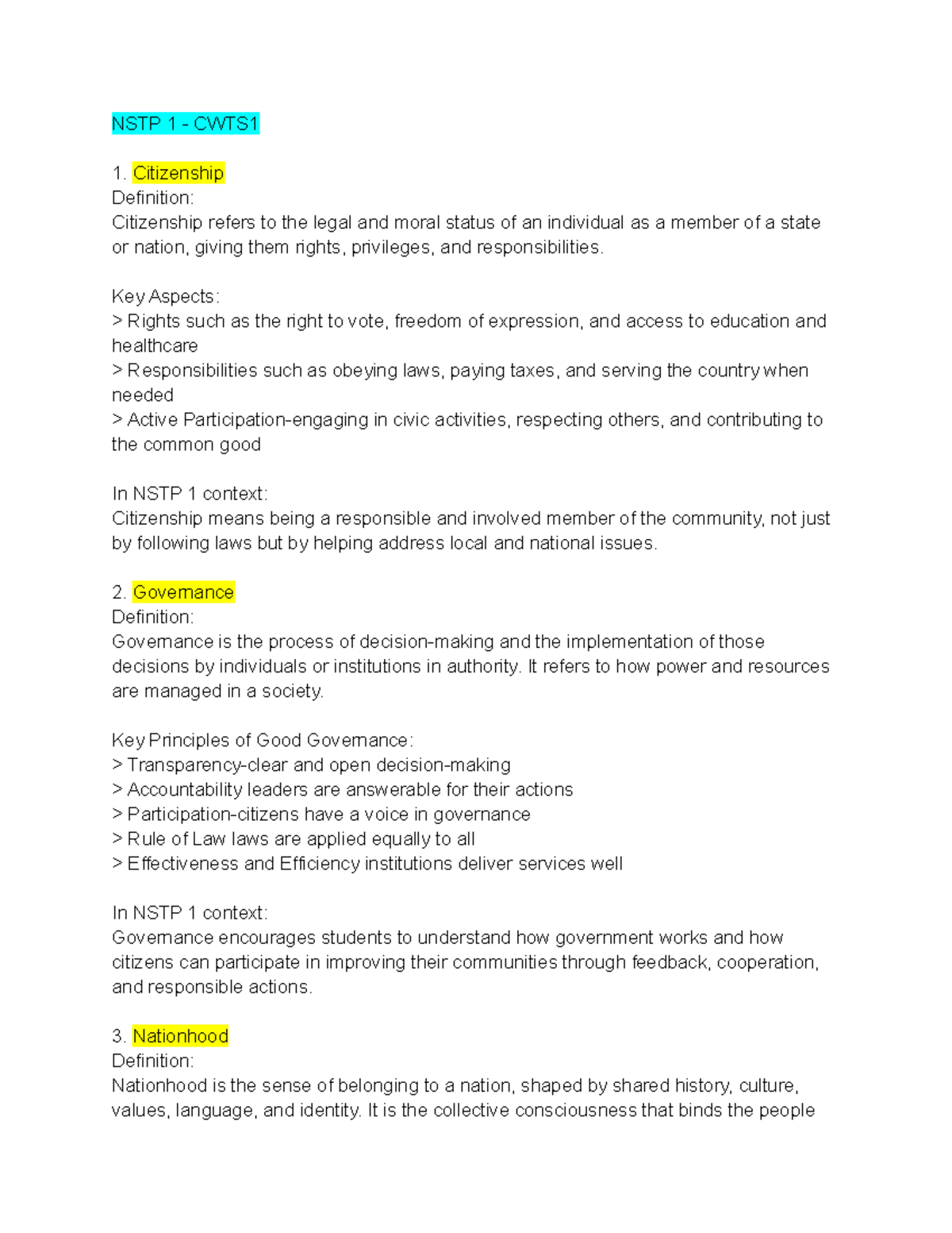 NSTP 1 - Lecture on Citizenship, Governance, and Nationhood - Studocu