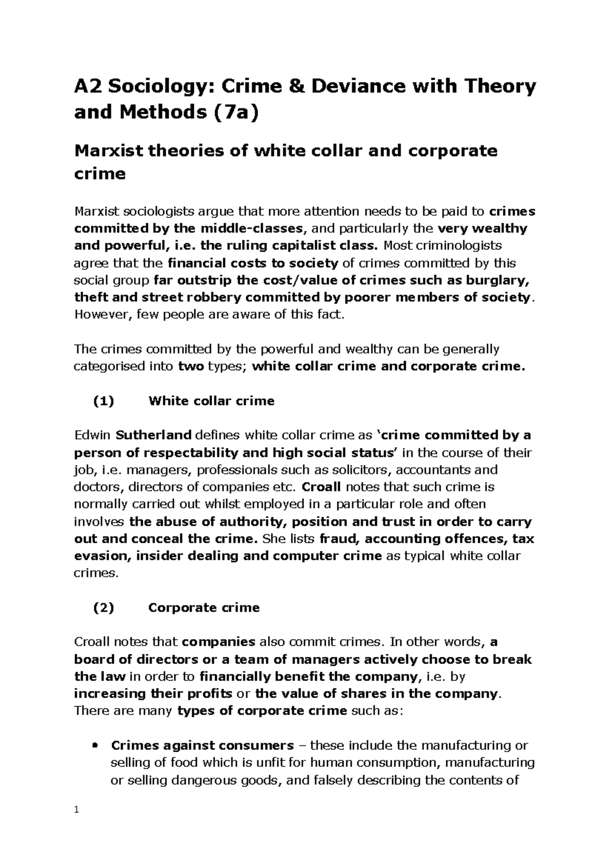 A2 Sociology 7a: Theories on White Collar & Corporate Crime - Studocu