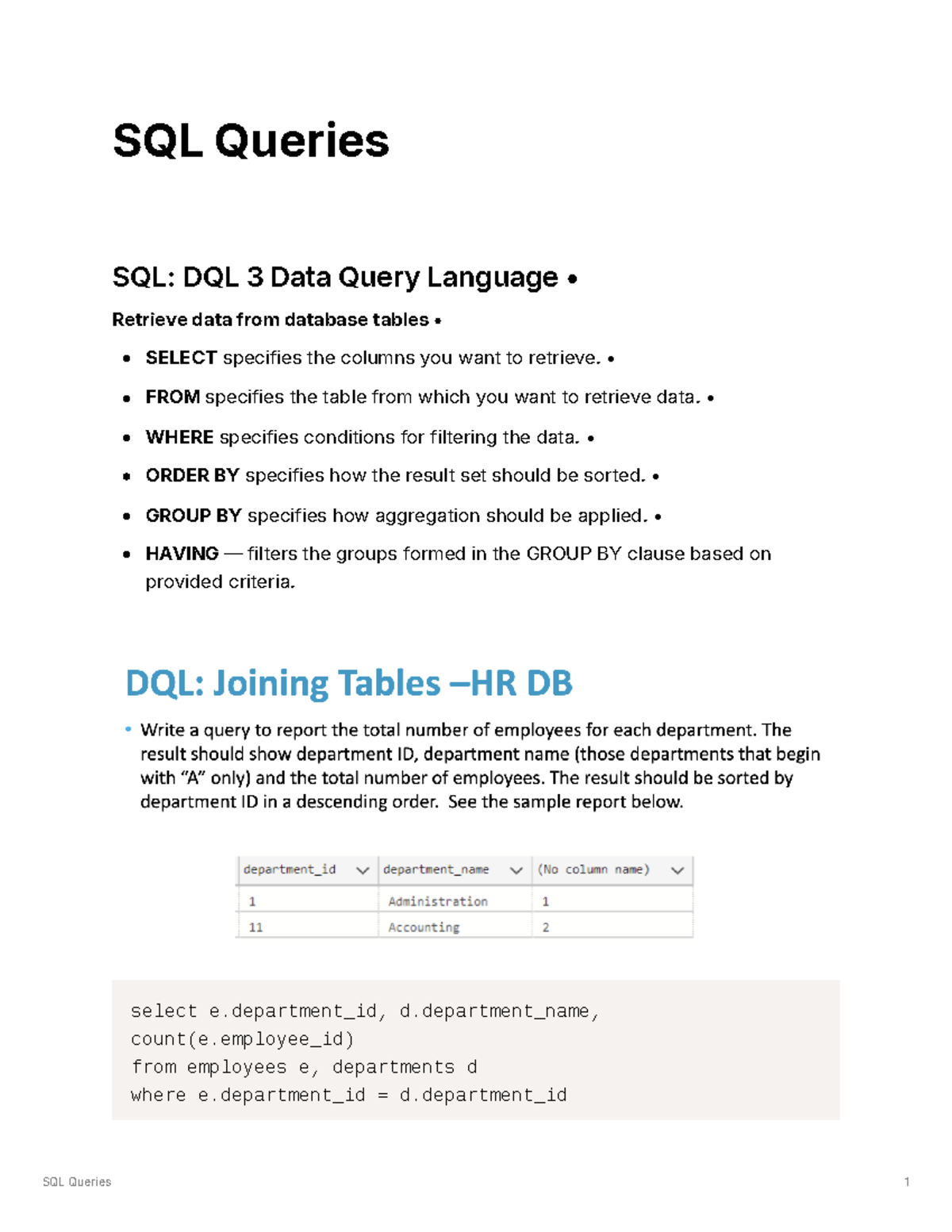 SQL Queries BUSAN201 - SQL Queries SQL: DQL 3 Data Query Language ...