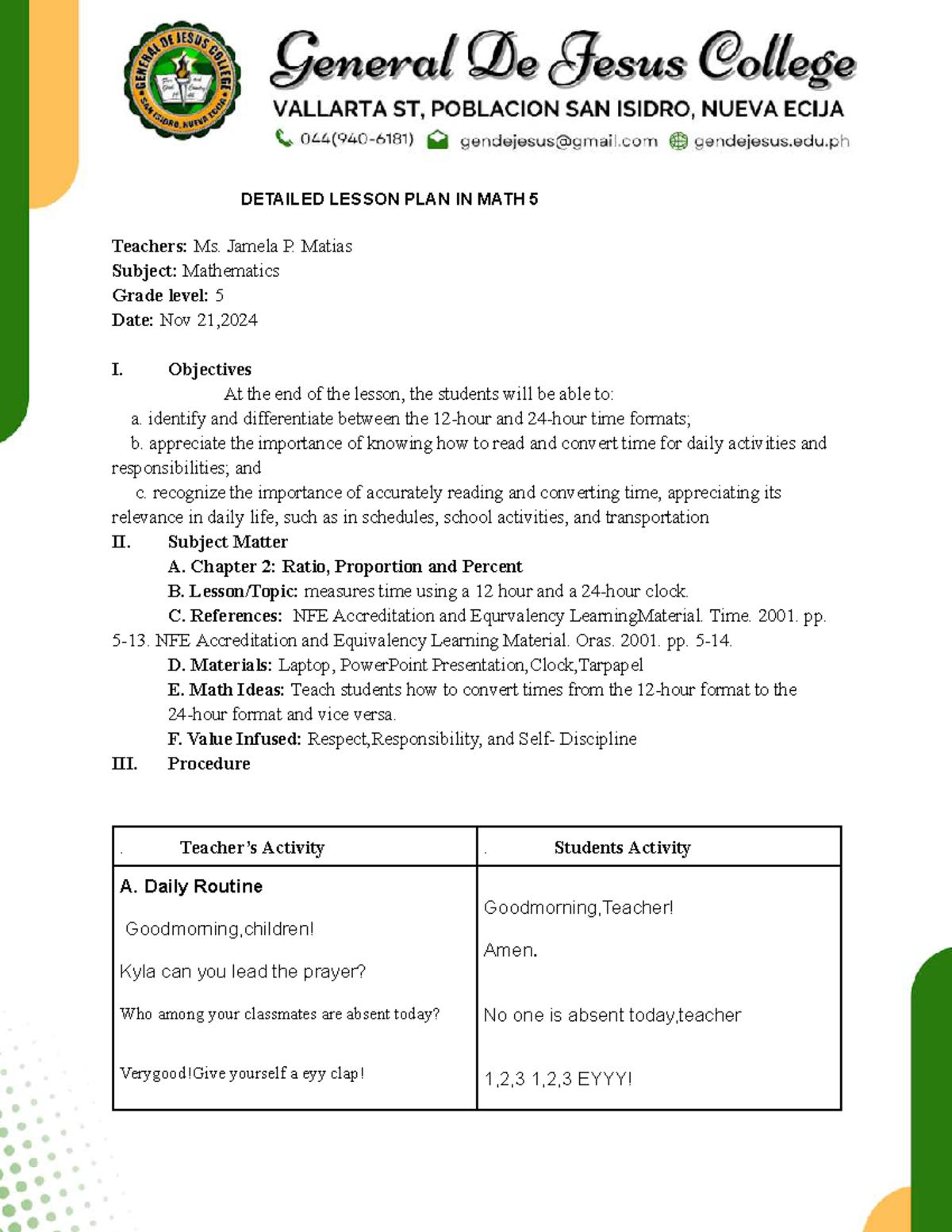 Math 5 Lesson Plan: Understanding Time Conversion and Importance - Studocu