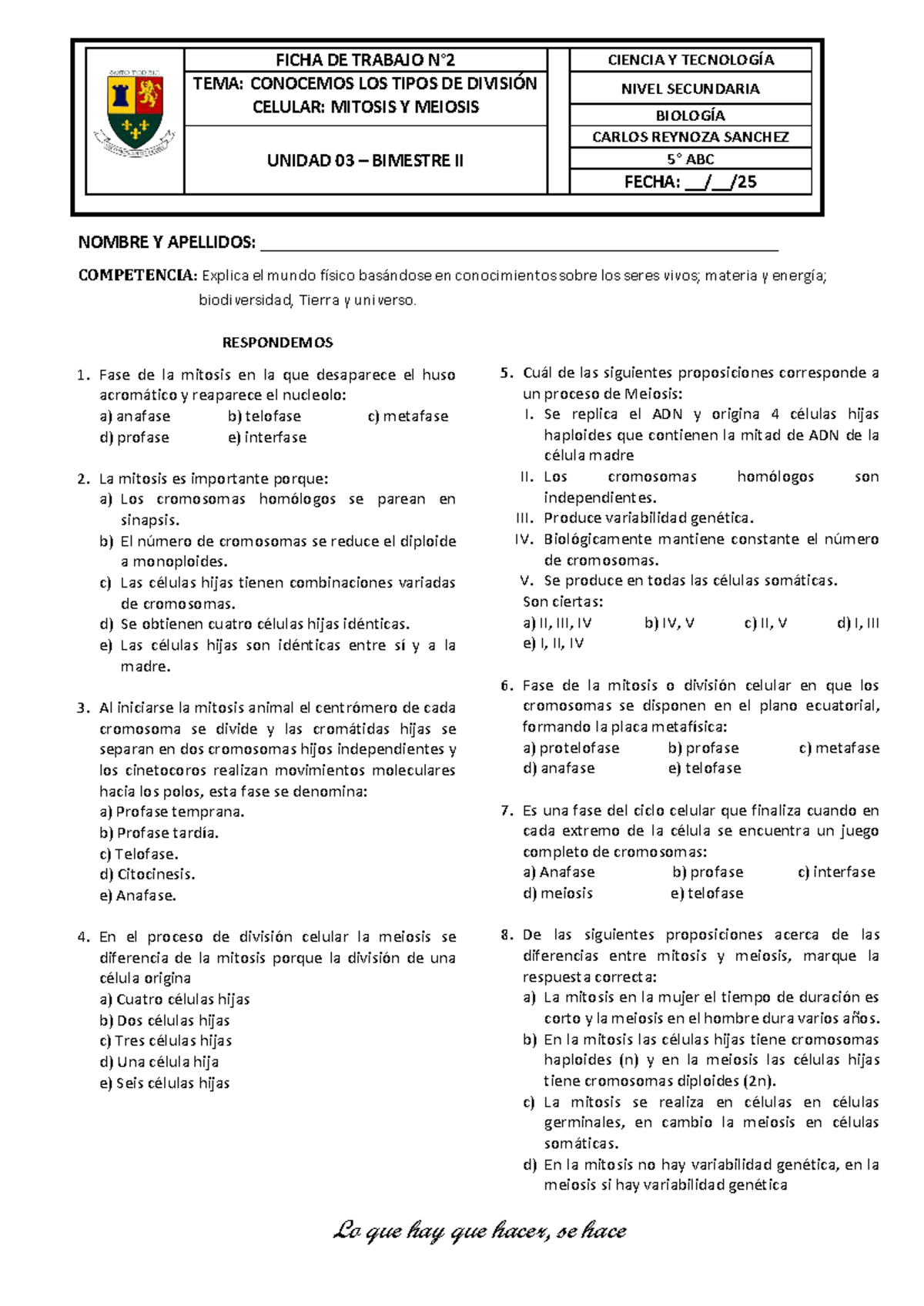 Ficha de Trabajo U2: Tipos de División Celular - Mitosis y Meiosis 5TO ...