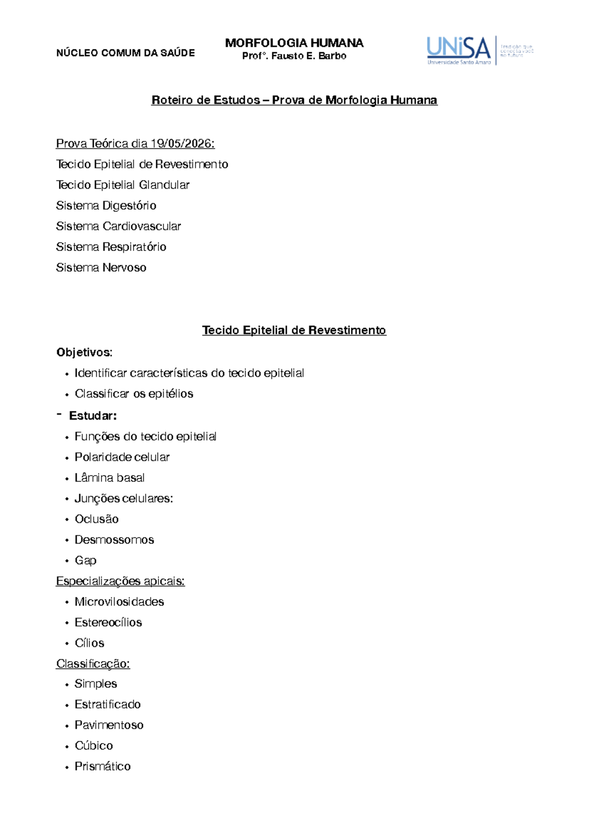 Roteiro de Estudos: Prova de Morfologia Humana - NCS 1A - Studocu