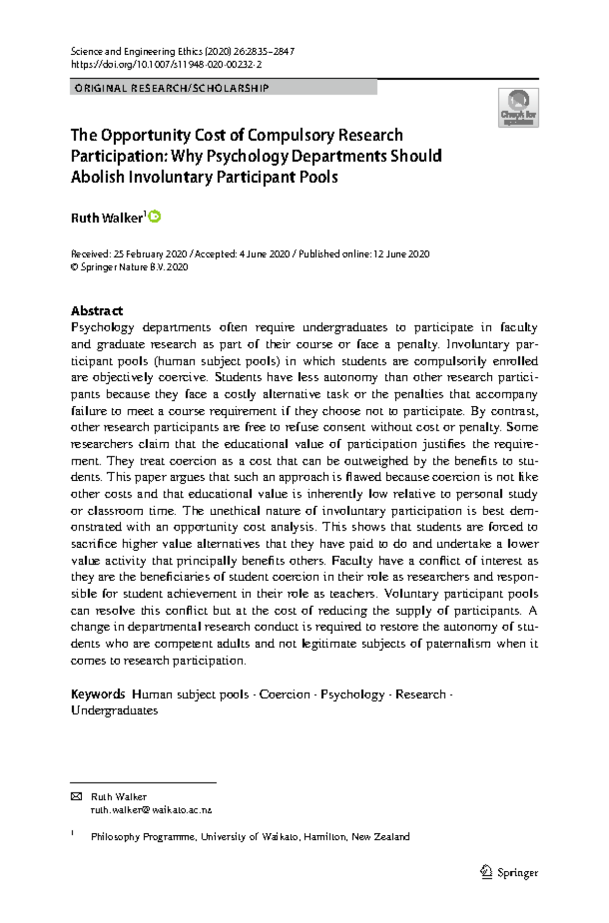 The Opportunity Cost of Compulsory Research Participation - Studocu