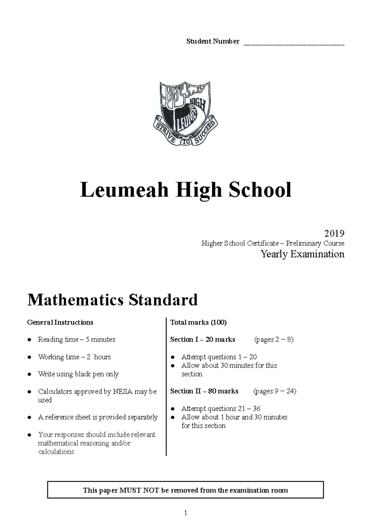 2019 HSC Preliminary Mathematics Standard Yearly Exam - Studocu