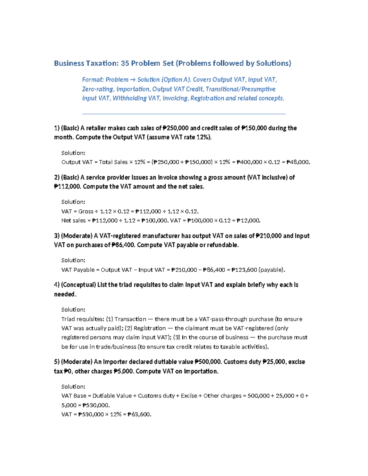 Business Taxation: 35 Problem Set with Solutions (VAT Focus) - Studocu