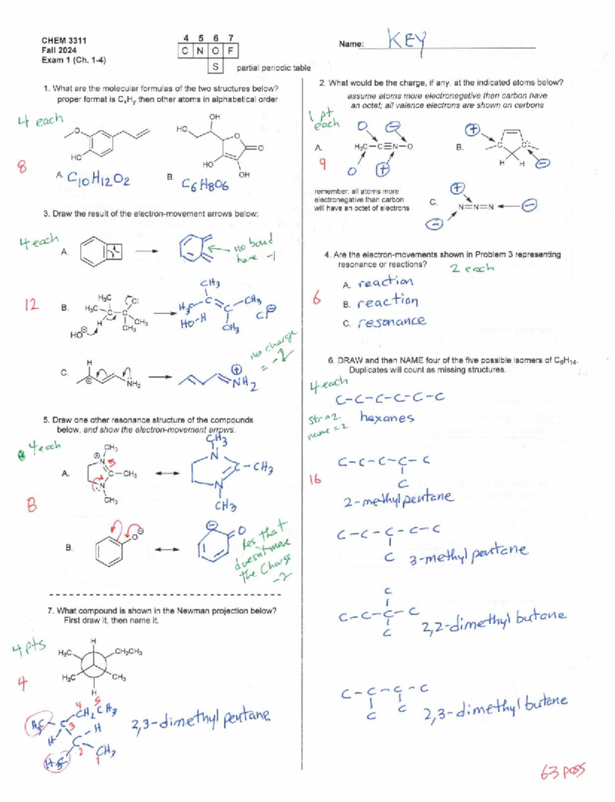 Exam 1 KEY (Fall 2024) - exam 1 organic chem - CHEM 3311 4567 Name: Fall 2024 CNOF KEY Exam 1 ...