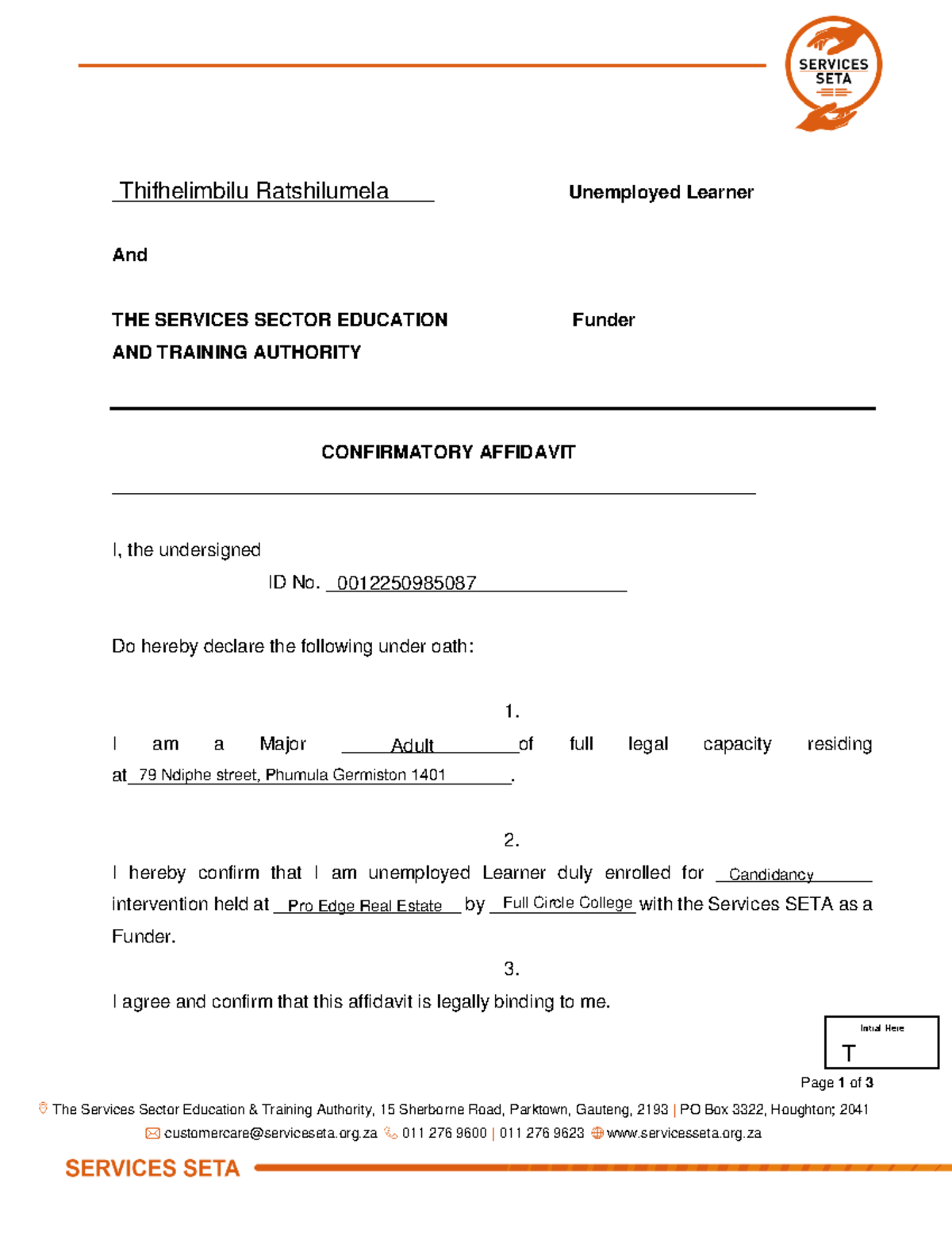 Affidavit Form for Unemployed Learners - Services SETA Documentation ...