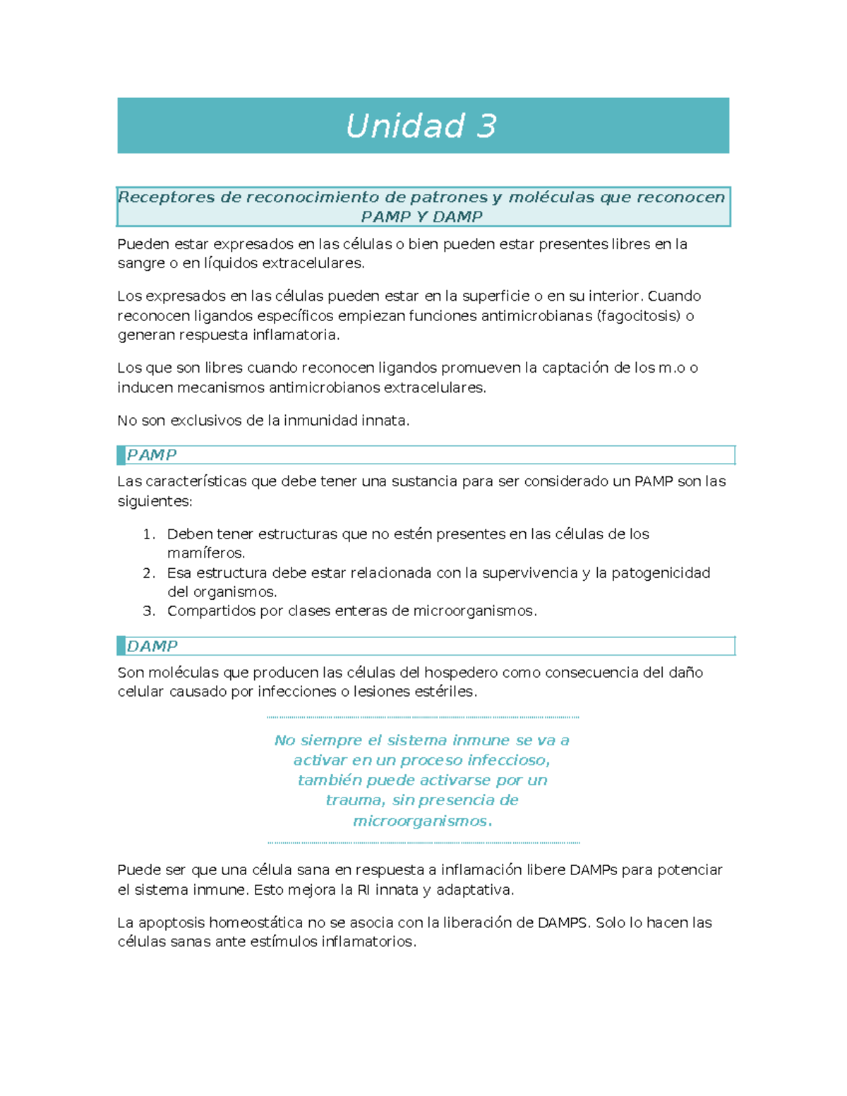 Unidad 3 - Apuntes sobre PAMP y DAMP en Inmunología - Studocu