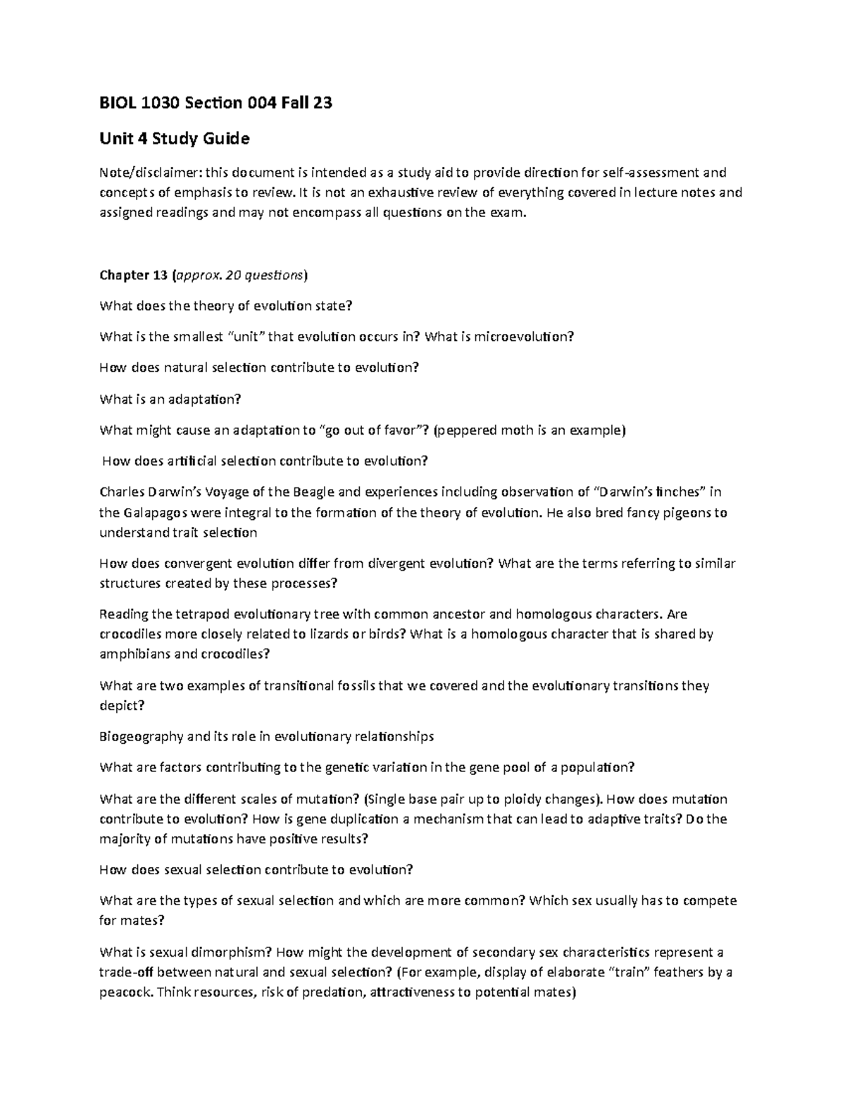 BIOL 1030 Unit 4 Study Guide: Evolution, Speciation, and Genetics - Studocu