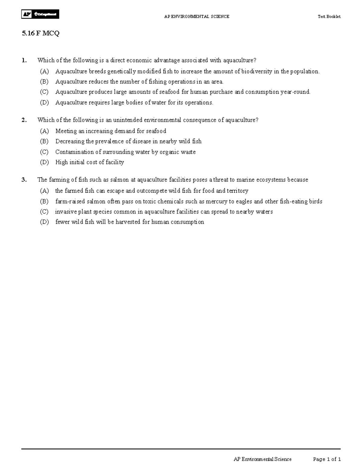 AP ENVIRONMENTAL SCIENCE Test Booklet 5.16 F MCQ on Aquaculture - Studocu