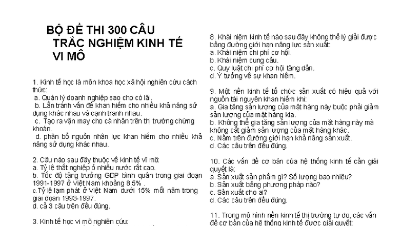 [CSC] 300 Câu Trắc Nghiệm Kinh Tế Vi Mô 1 - Studocu