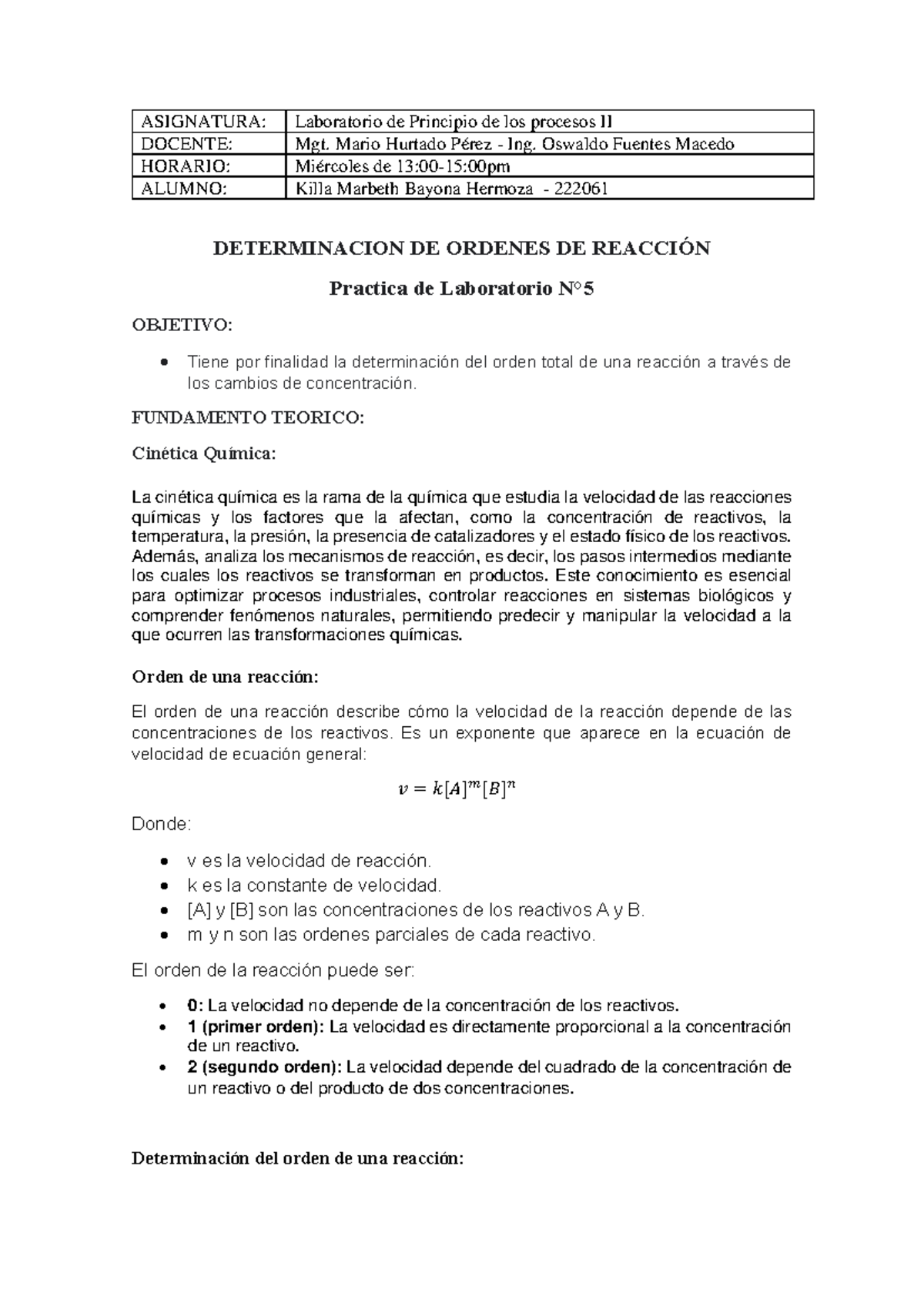 Laboratorio de Principio de los Procesos II: Determinación de Órdenes ...
