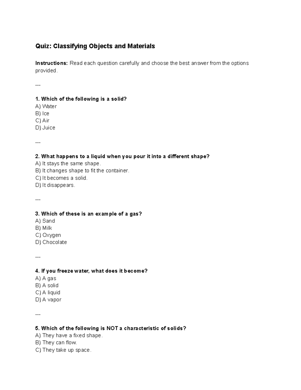 Classifying Objects and Materials- Lucas - Quiz: Classifying Objects ...
