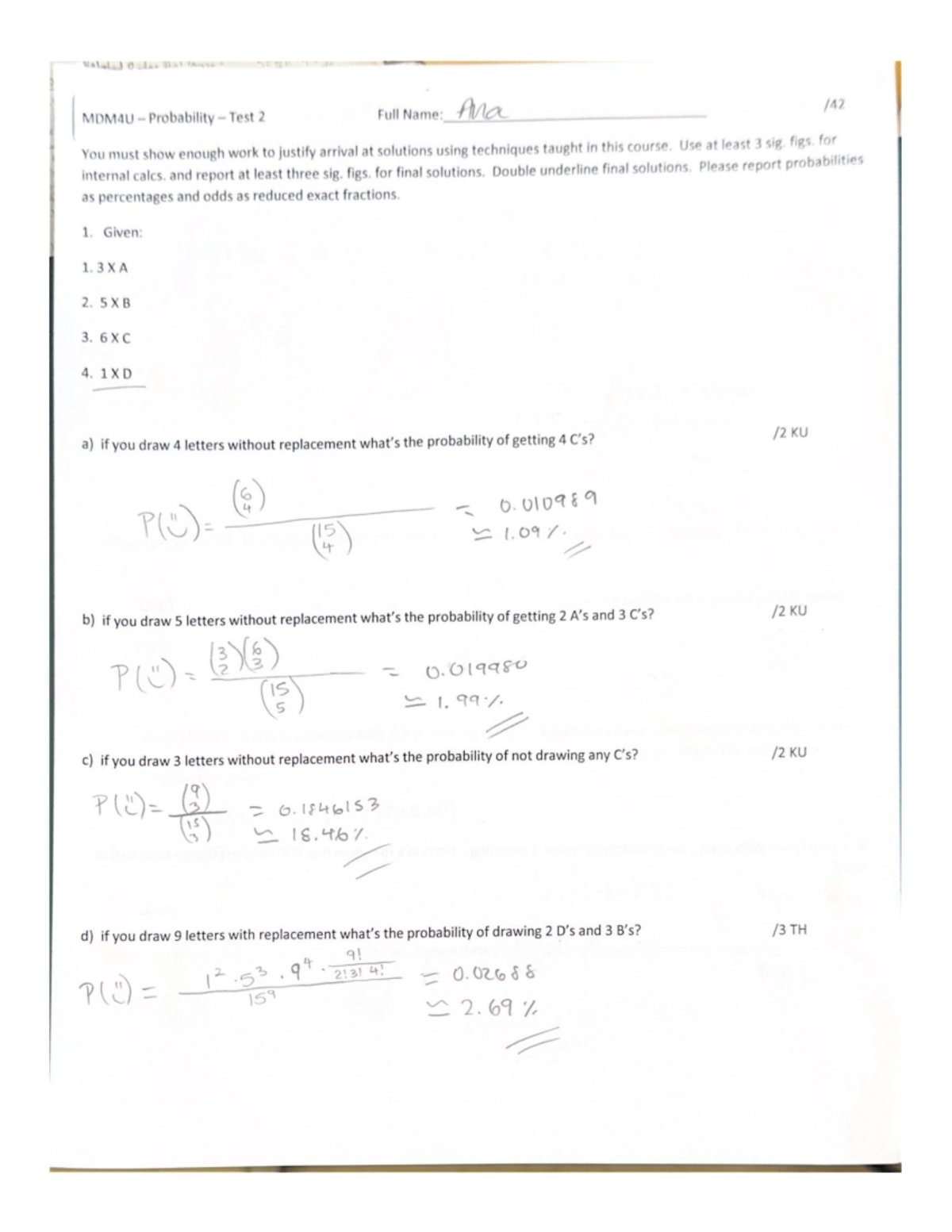 MDM4U Probability Test 2: Detailed Solutions and Justifications - Studocu