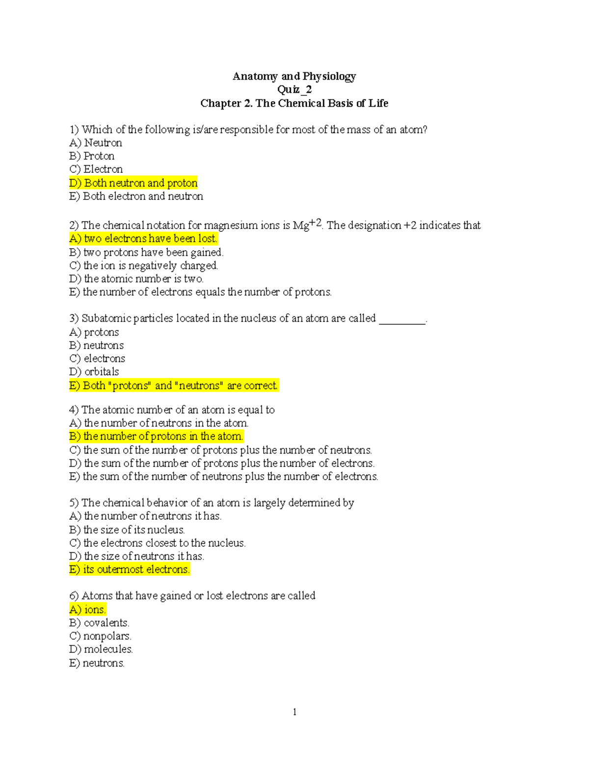 The Chemical Basis of Life - Quiz with Answers - Anatomy and Physiology ...