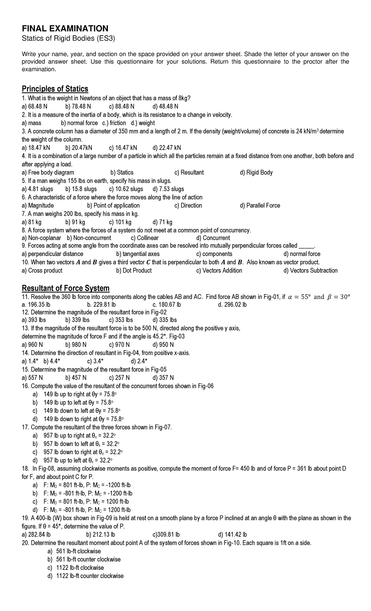 Final Exam: Statics of Rigid Bodies (ES3) Examination Questions - Studocu