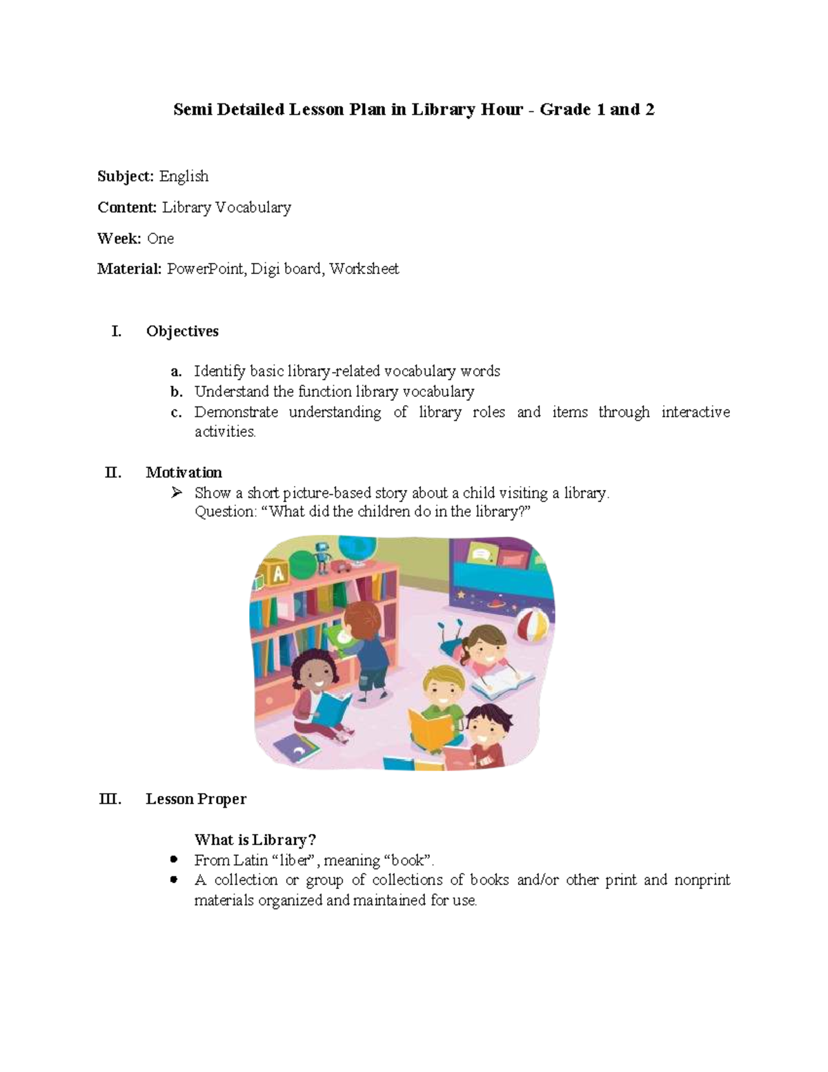 LP (Grade 1-2) Week 1: English Library Vocabulary Lesson Plan - Studocu