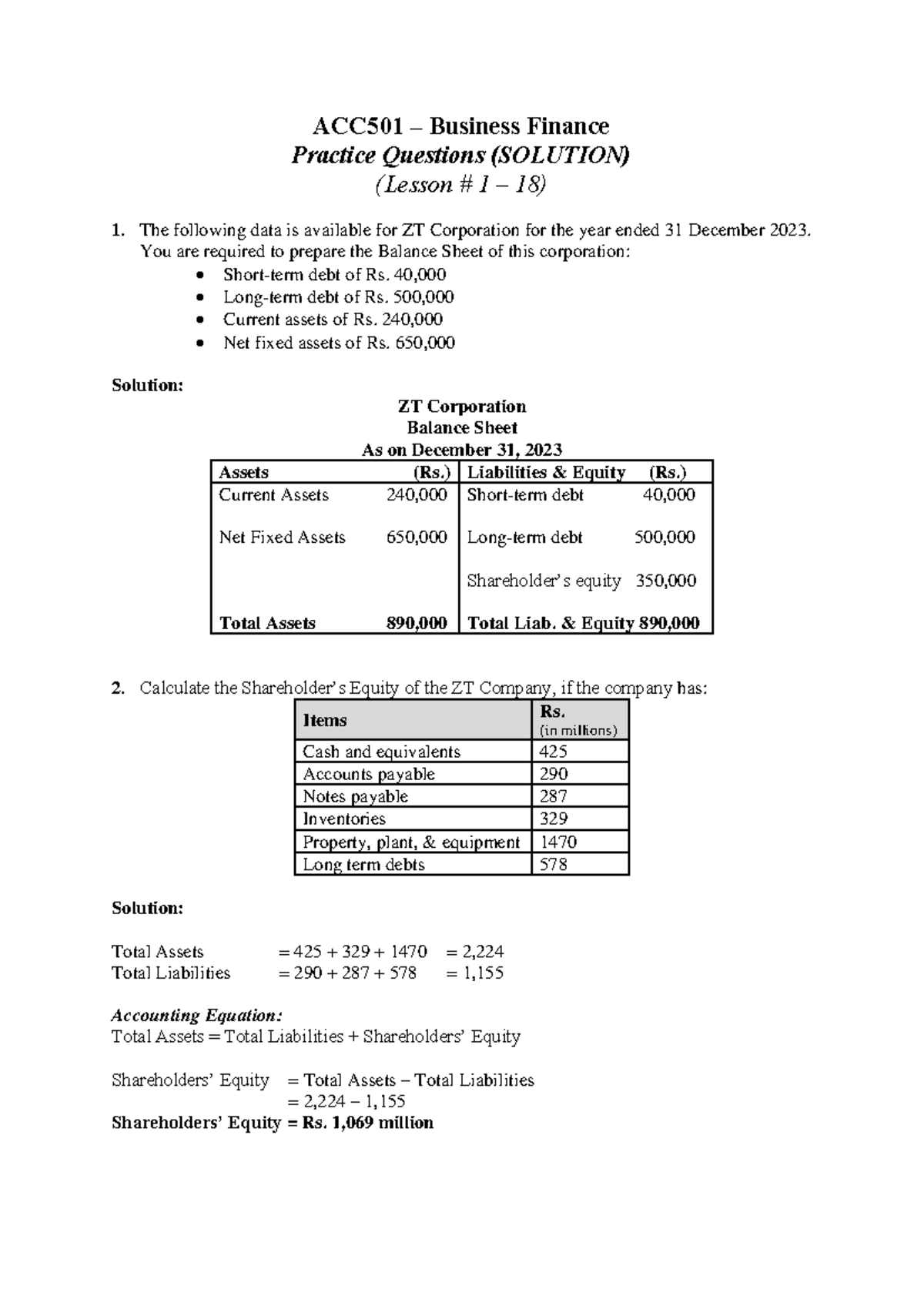 ACC501 Business Finance Practice Questions Solutions (Lesson 1-18 ...
