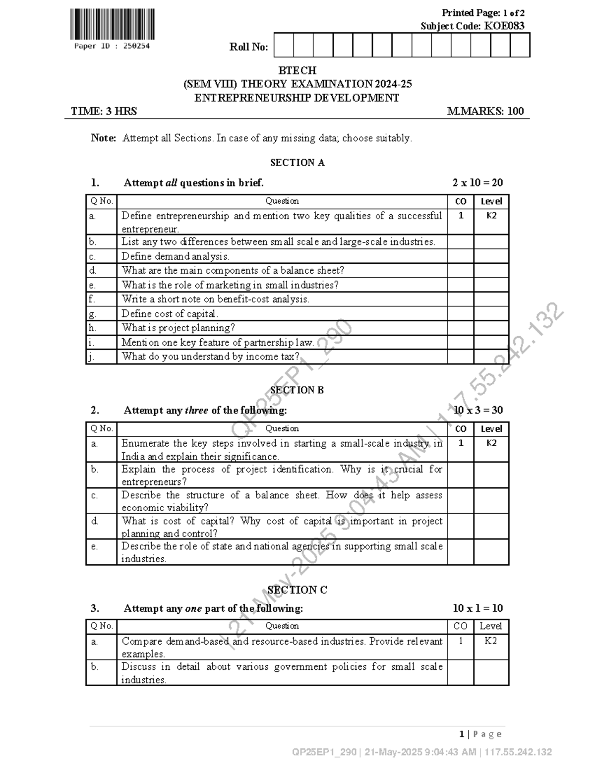BTECH SEM Theory Exam: Entrepreneurship Development KOE083 QP 2024 ...