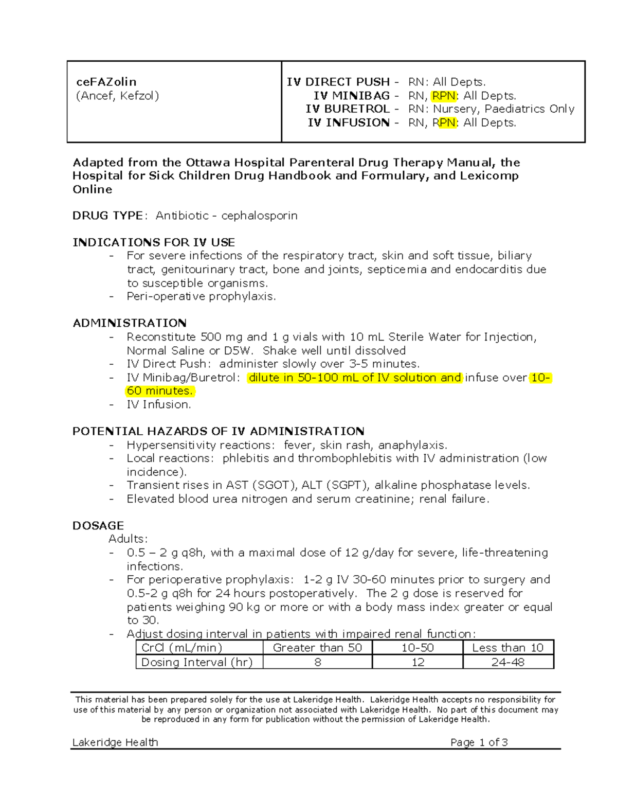 LH IV Cefazolin Monograph: Administration, Dosage & Compatibility Guide ...