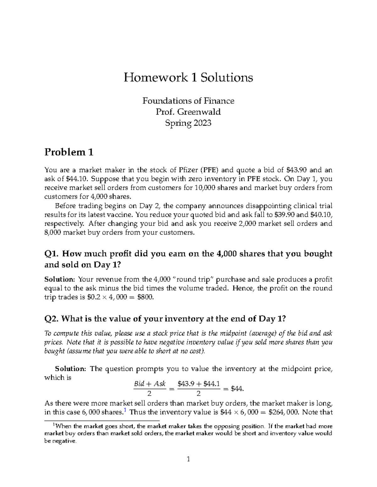 Homework 1 Solution - Homework 1 Solutions Foundations of Finance Prof ...