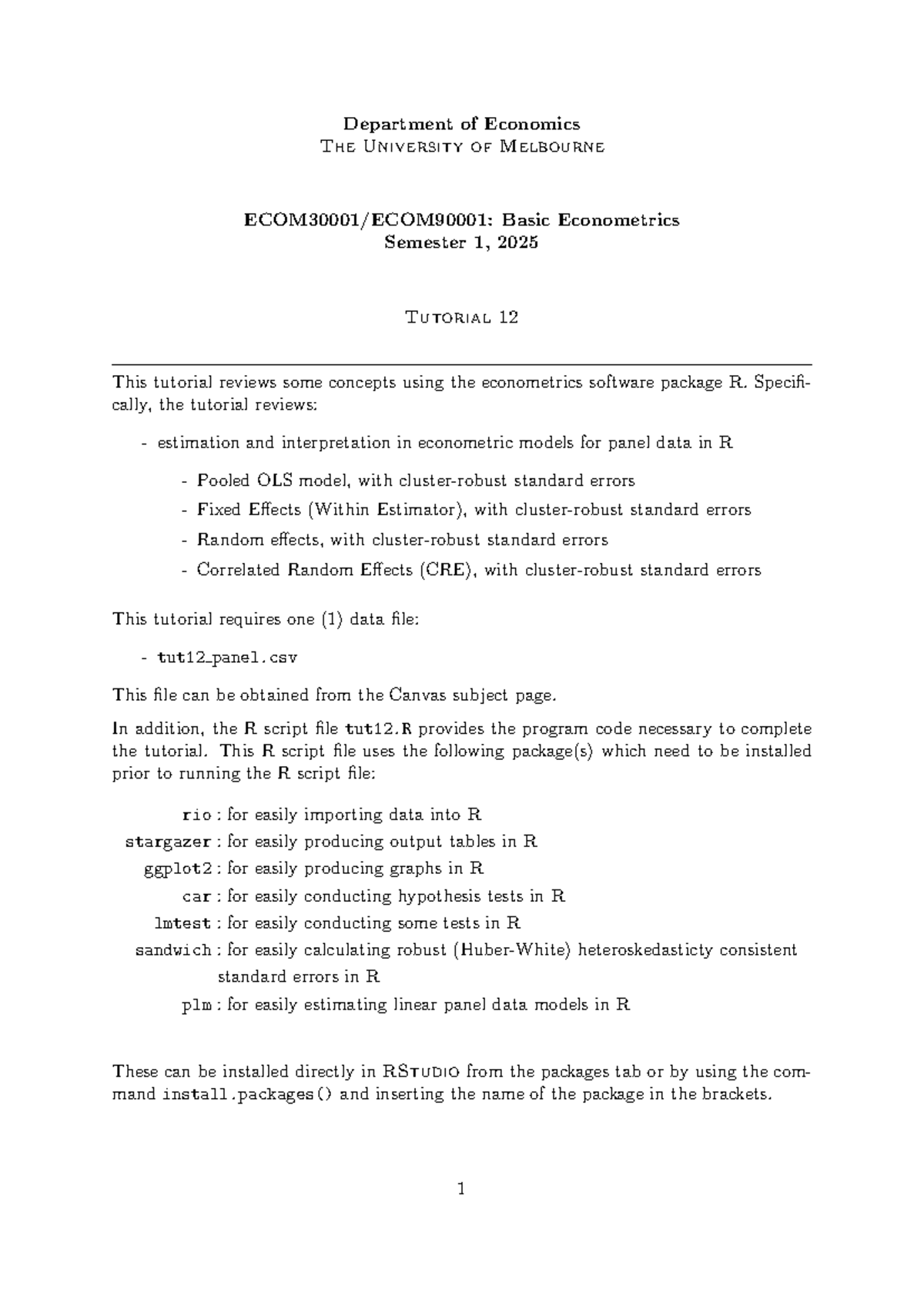Tut12 - Basic Econometrics Tutorial 12: Panel Data in R - Studocu