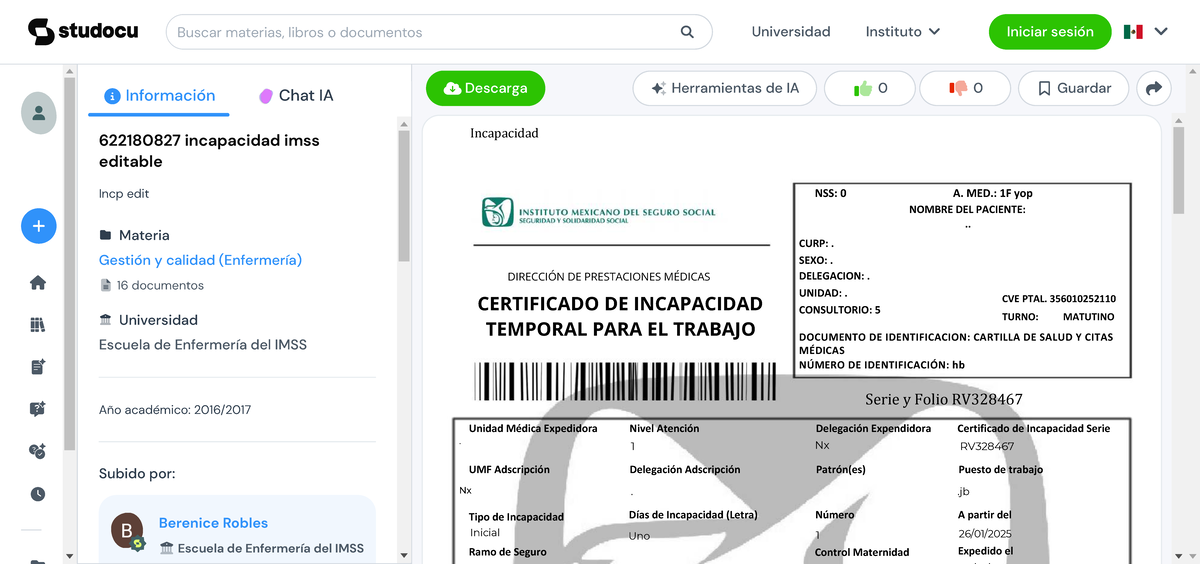 Certificado de Incapacidad Temporal IMSS - 622180827 Editable - Studocu