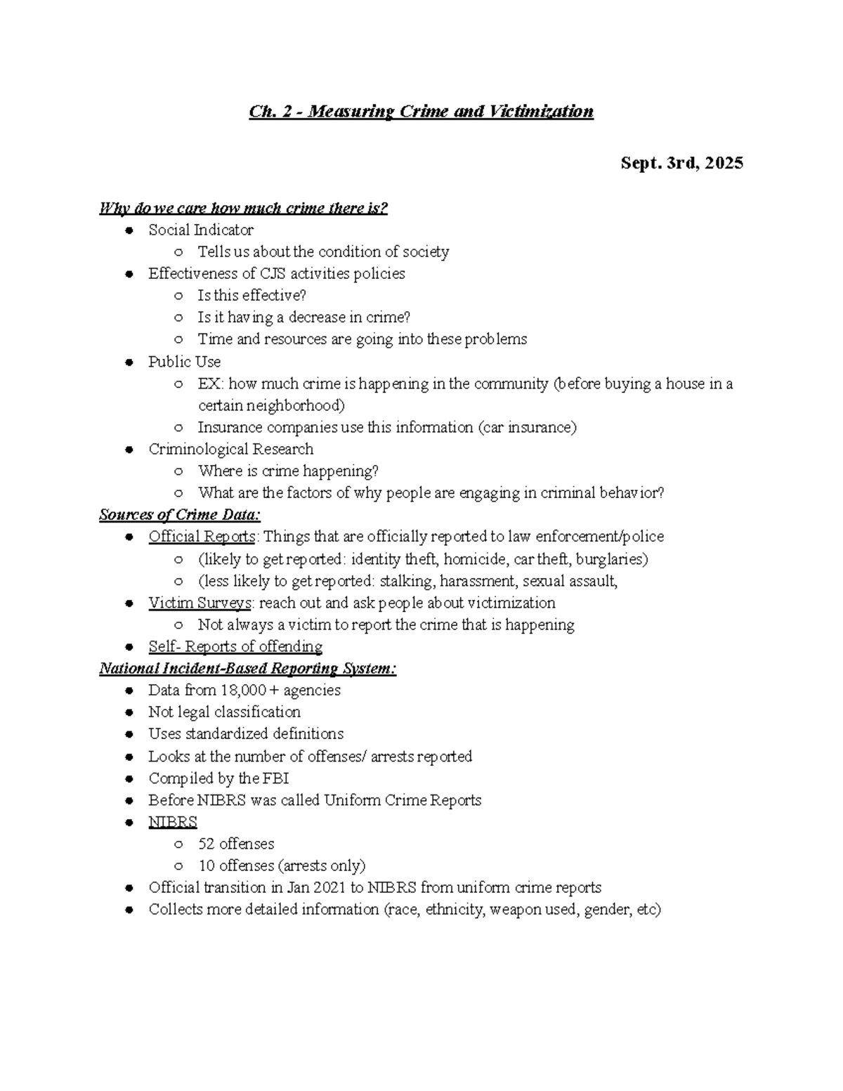 CJ 110 - Ch. 2 Notes on Measuring Crime & Victimization Analysis - Studocu
