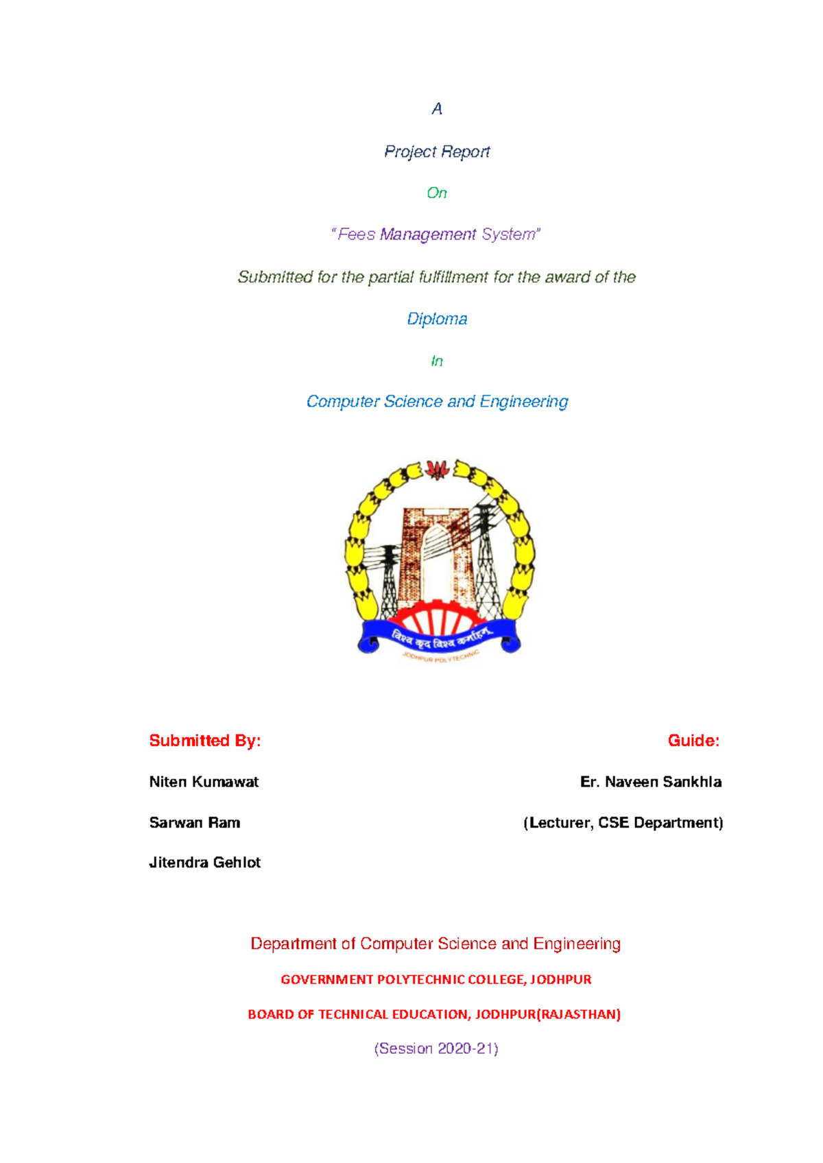 Diploma Project Report on Fees Management System for CSE Students - Studocu