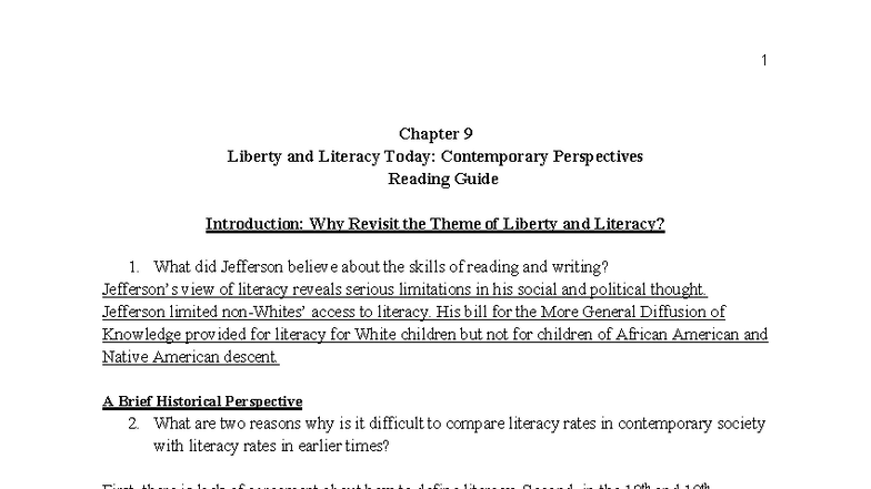 Chapter 9 Reading Guide: Liberty and Literacy Perspectives (Course Code ...