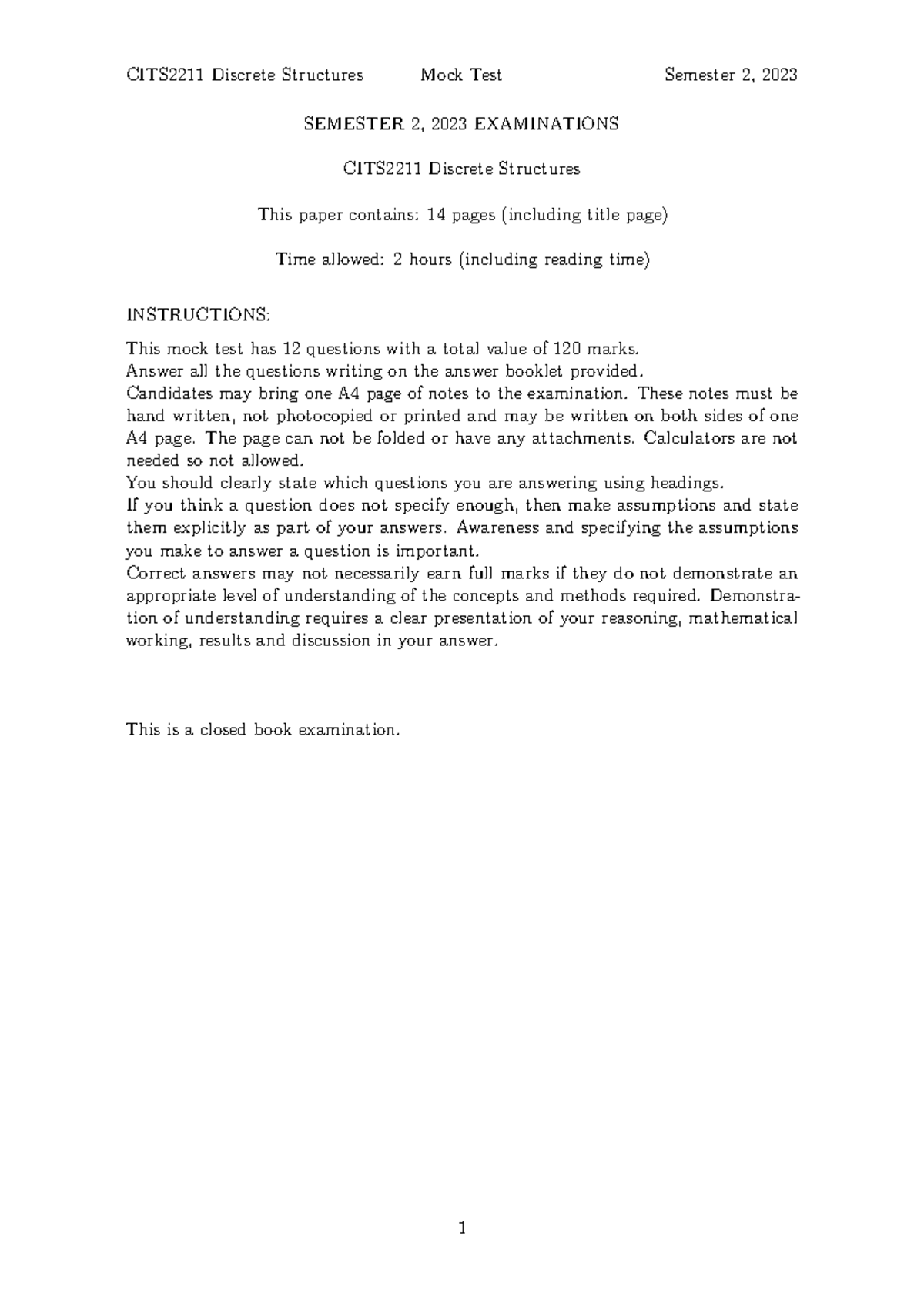 CITS2211 Discrete Structures Mock Test Semester 2, 2023 - Studocu