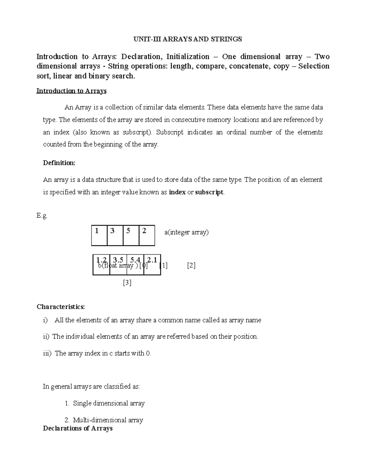 C Programming Chapter 3: Arrays, Strings & Sorting Techniques - Studocu