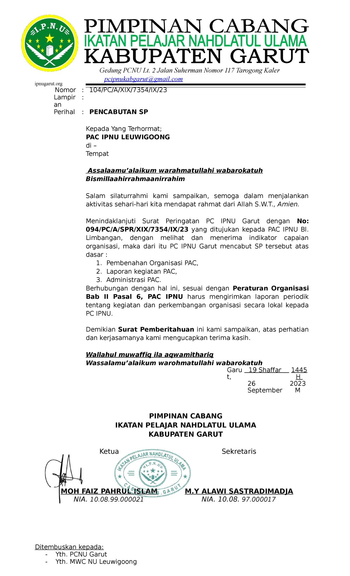 Pencabutan SP - SP Jaya - Nomor : 104/PC/A/XIX/7354/IX/ Lampir an ...