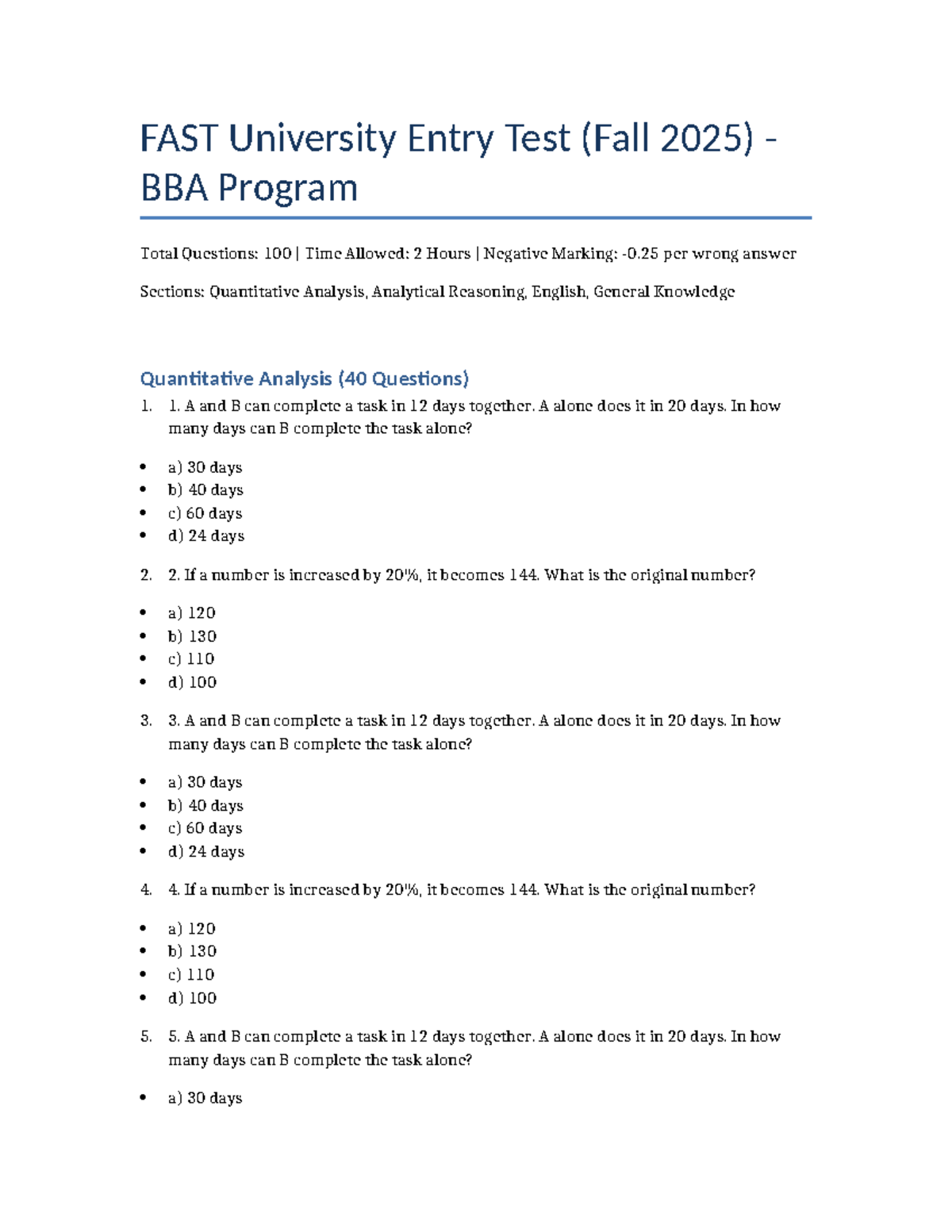 FAST BBA Entry Test (Fall 2025) - Complete Question Set - Studocu
