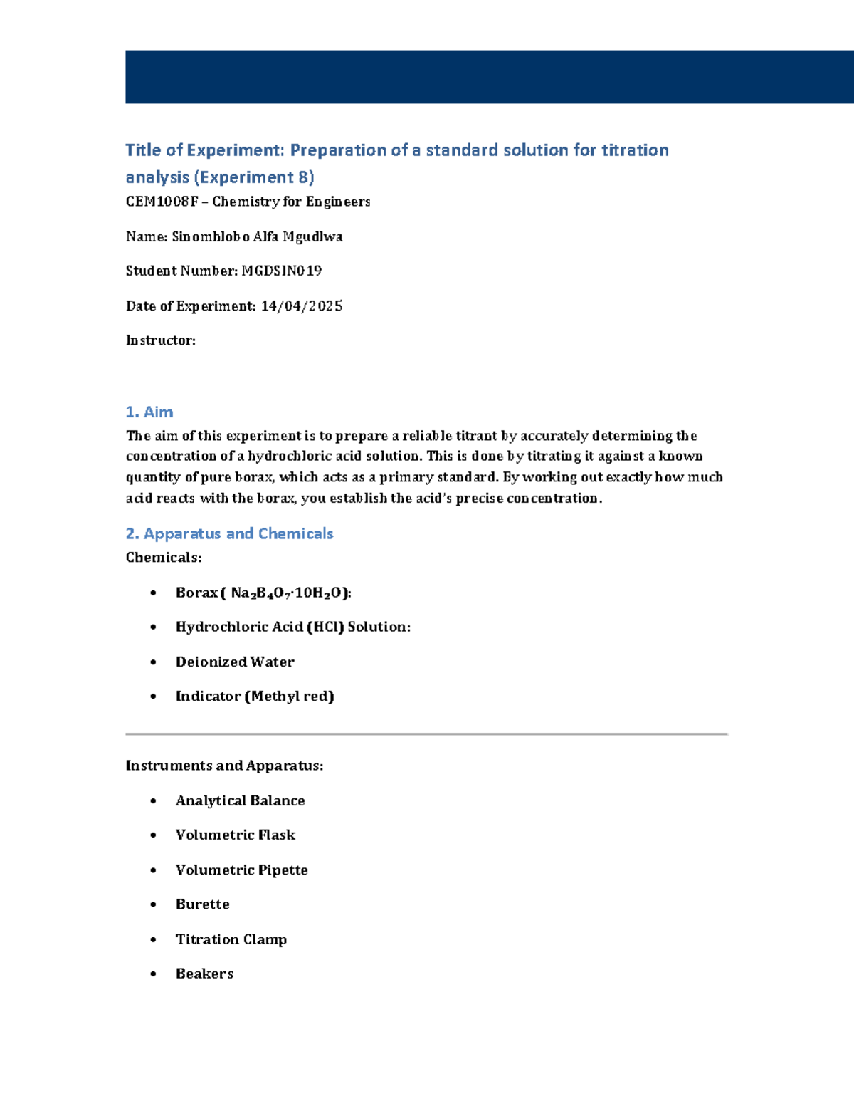 CEM1008F Lab Report: Standard Solution Preparation for Titration - Studocu