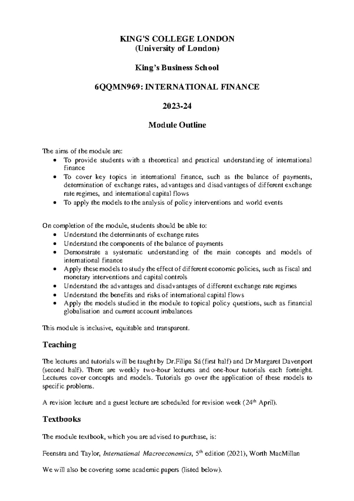 6QQMN969 International Finance Module Outline 2023-24 - Studocu