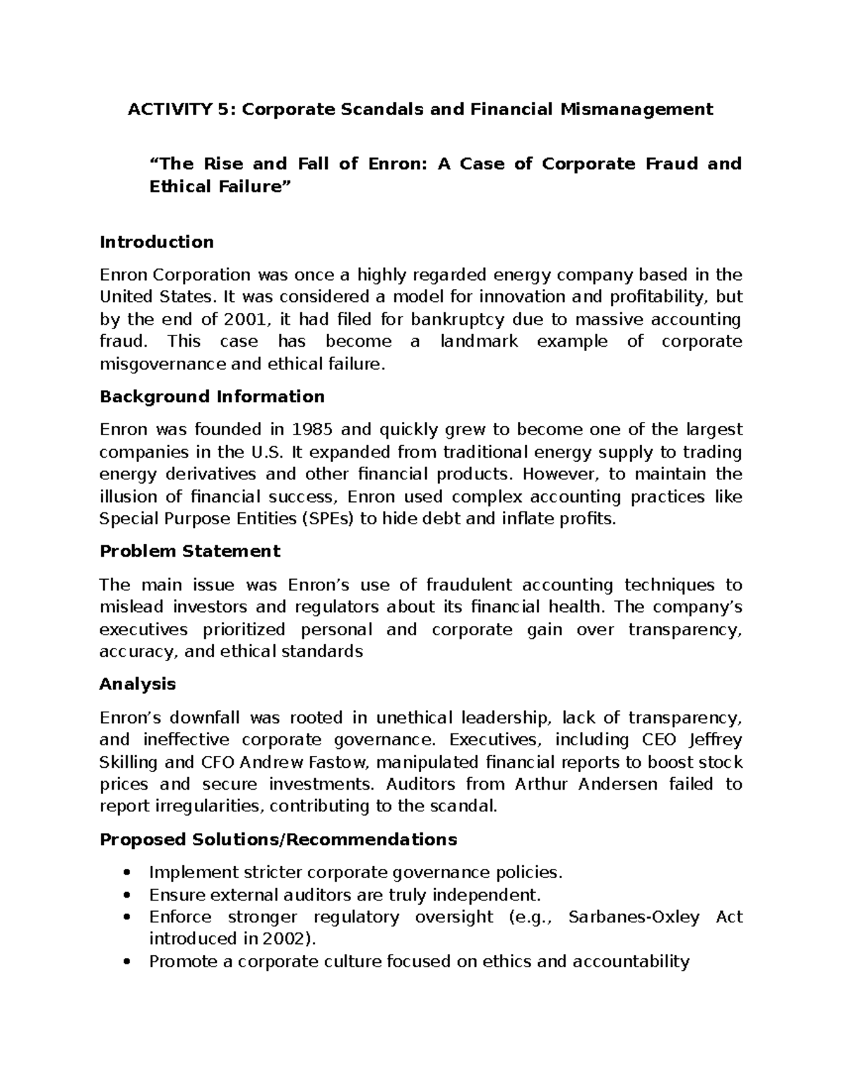 ACTIVITY 5: Enron Case Study on Corporate Fraud and Ethics Analysis ...