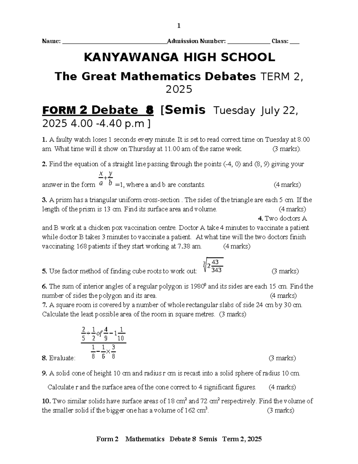 Form 2 Mathematics Debate 8 Term 2, 2025 - Studocu