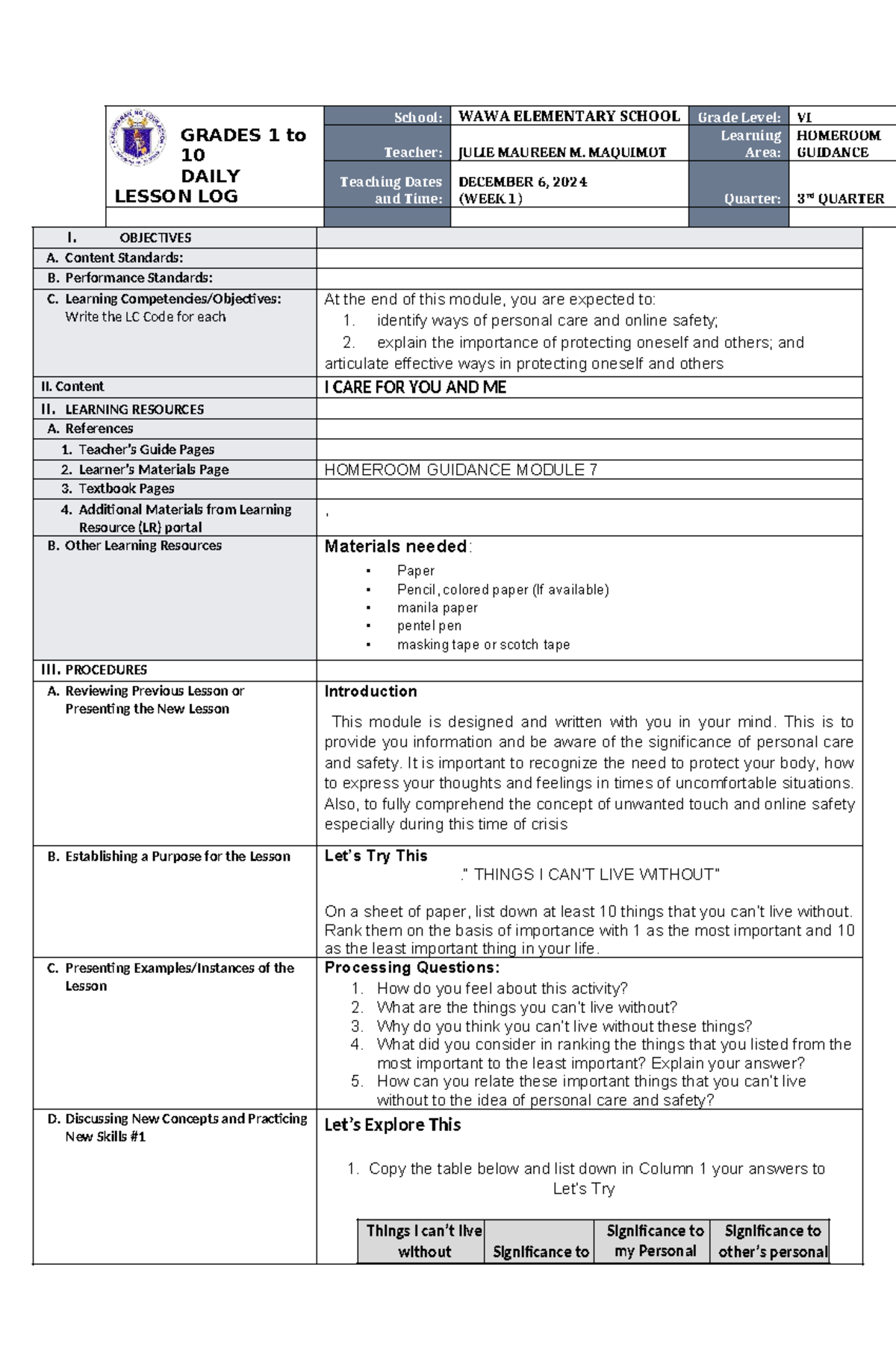 DAILY LESSON LOG: HOMEROOM GUIDANCE MODULE 7 (3rd Qtr) - Studocu