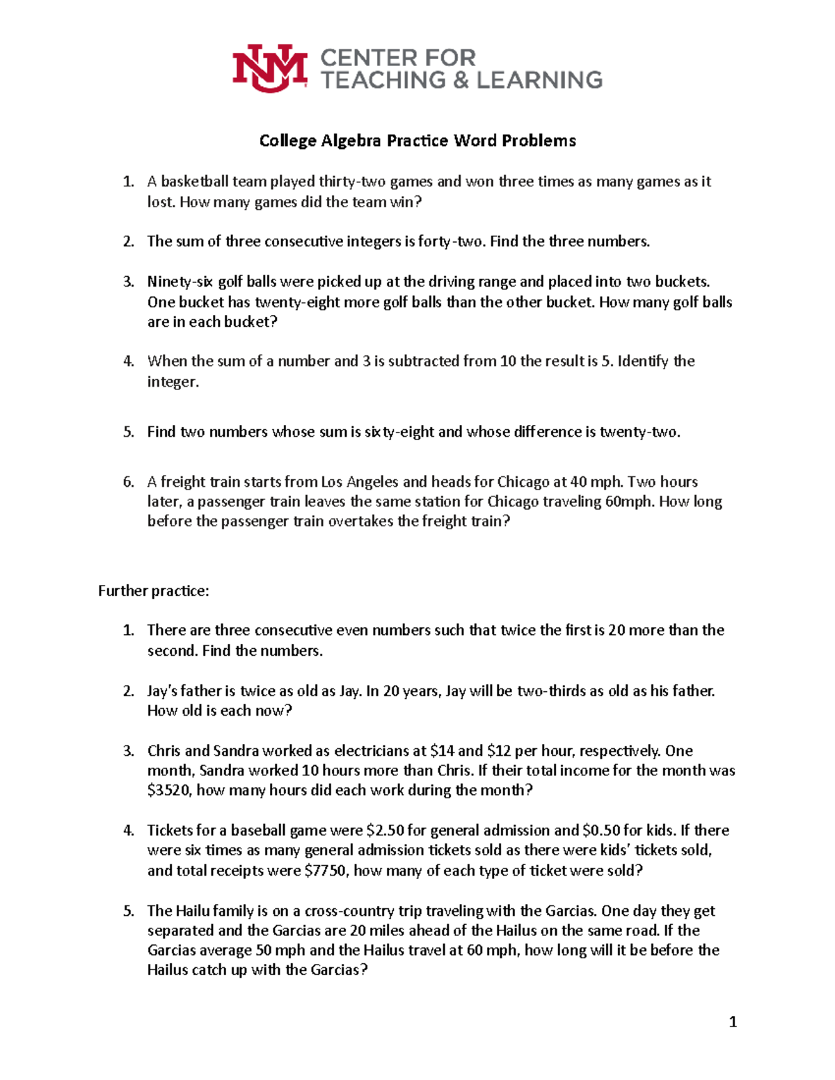 College Algebra (MATH 101) Practice Word Problems with Solutions - Studocu